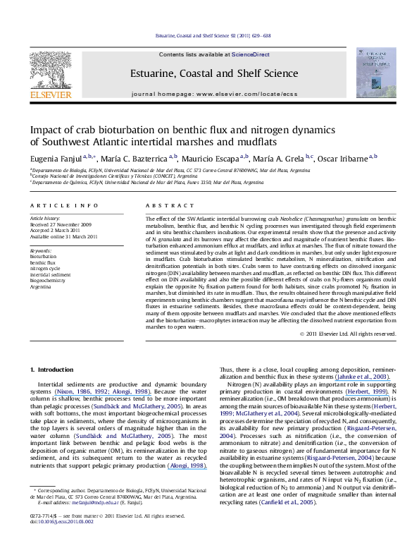 (PDF) Impact of crab bioturbation on benthic flux and nitrogen dynamics ...