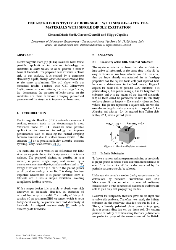 (PDF) Enhanced Directivity at Boresight with Single-Layer EBG Materials ...