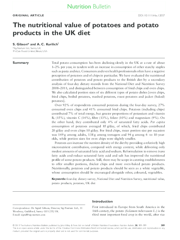 (PDF) The nutritional value of potatoes and potato products in the UK diet