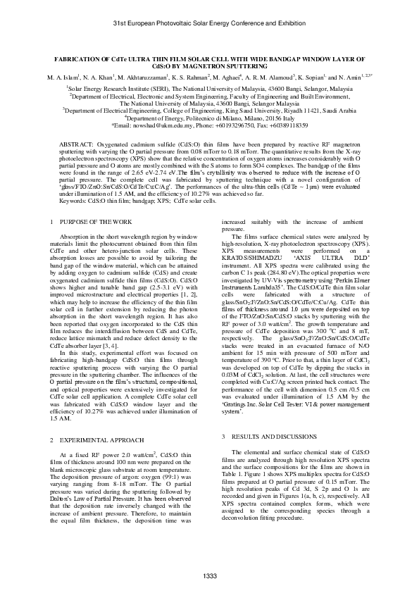 Fabrication of CdTe Ultra Thin Film Solar Cell with Wide Bandgap Window ...