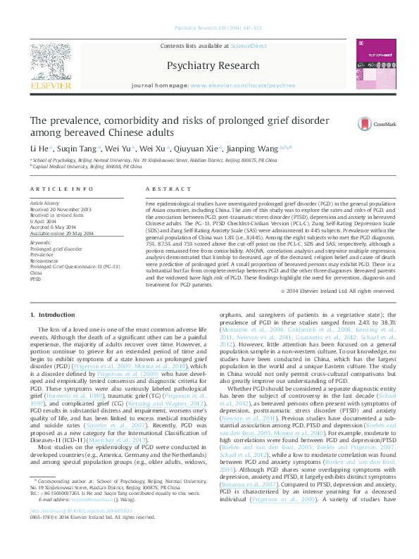 (PDF) The prevalence, comorbidity and risks of prolonged grief disorder ...