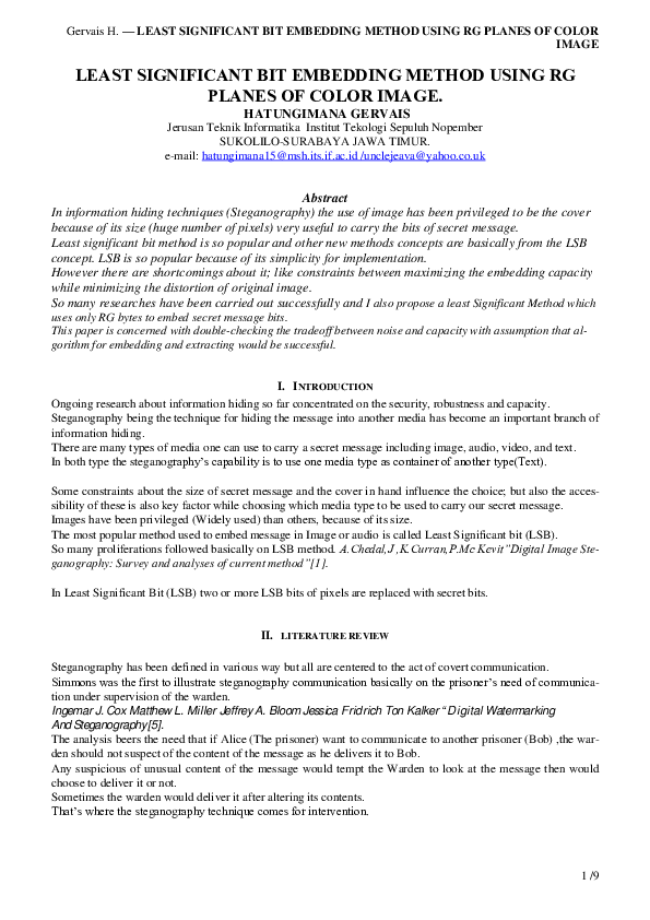 Pdf Least Significant Bit Embedding Method Using Rg Planes Of Color