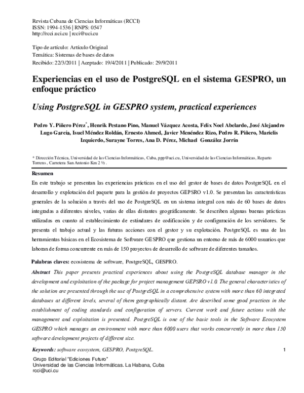 (PDF) Experiencias en el uso de PostgreSQL en el sistema GESPRO, un enfoque práctico