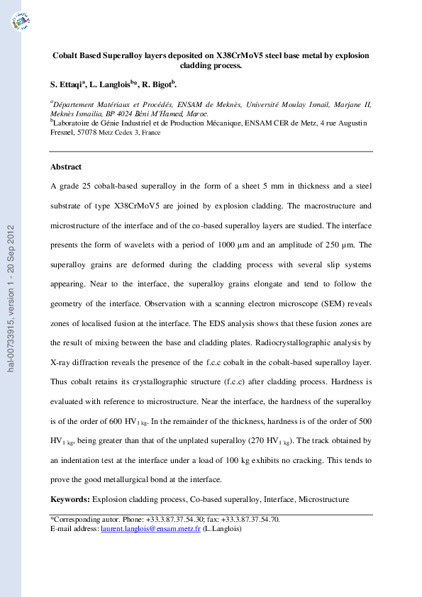 (PDF) Cobalt-based superalloy layers deposited on X38CrMoV5 steel base ...