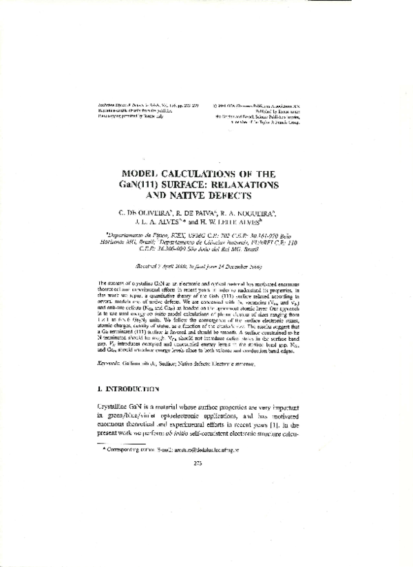 (PDF) Model calculations of the GaN(111) surface: Relaxations and ...
