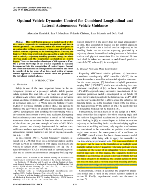 (PDF) Optimal Vehicle Dynamics Control for Combined Longitudinal and Lateral Autonomous Vehicle ...