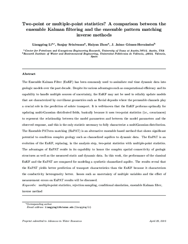 (PDF) Two-point or multiple-point statistics? A comparison between the ensemble Kalman filtering ...