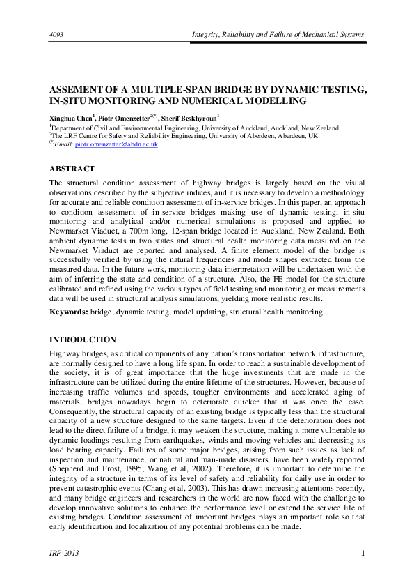 Pdf Assessment Of A Multiple Span Bridge By Dynamic Testing In Situ