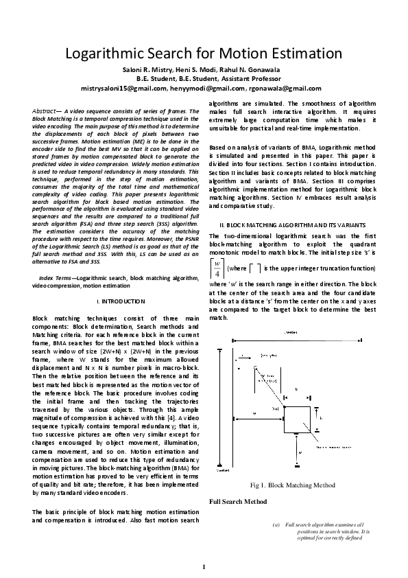 (PDF) Logarithmic Search for Motion Estimation