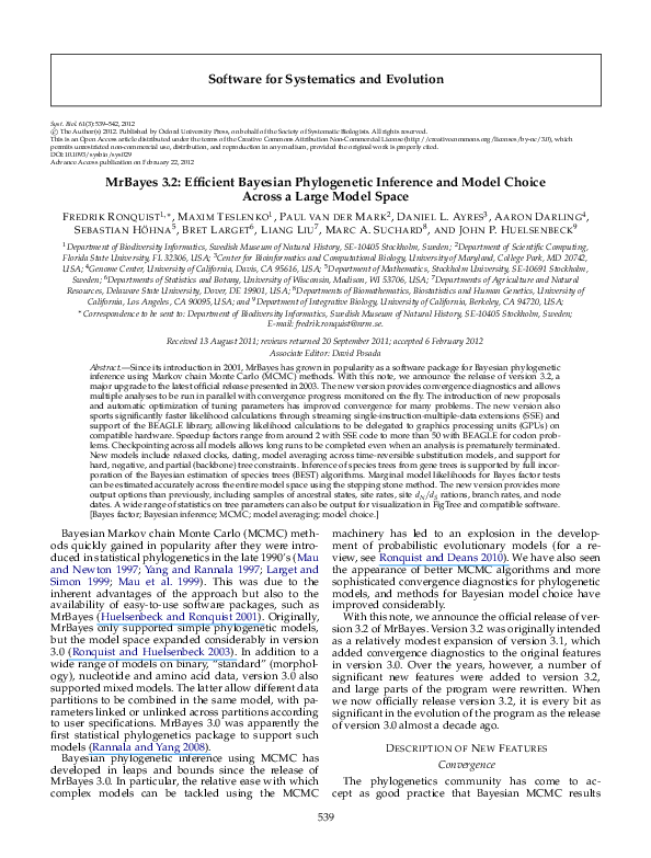 (PDF) MrBayes 3.2: Efficient Bayesian Phylogenetic Inference and Model Choice Across a Large ...