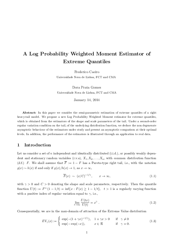 (PDF) A Log Probability Weighted Moment Estimator of Extreme Quantiles