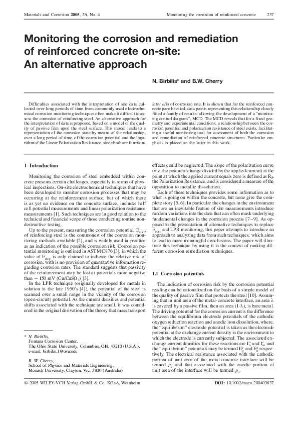 Pdf Monitoring The Corrosion And Remediation Of Reinforced Concrete On Site An Alternative