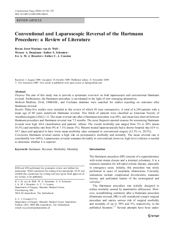 (PDF) Conventional and Laparoscopic Reversal of the Hartmann Procedure: a Review of Literature