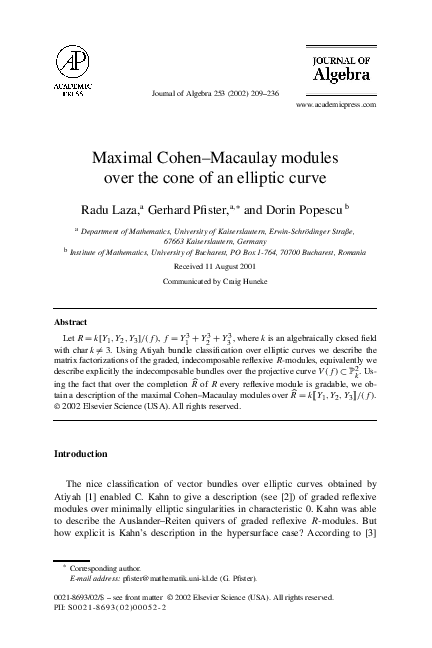 (PDF) Maximal Cohen–Macaulay modules over the cone of an elliptic curve