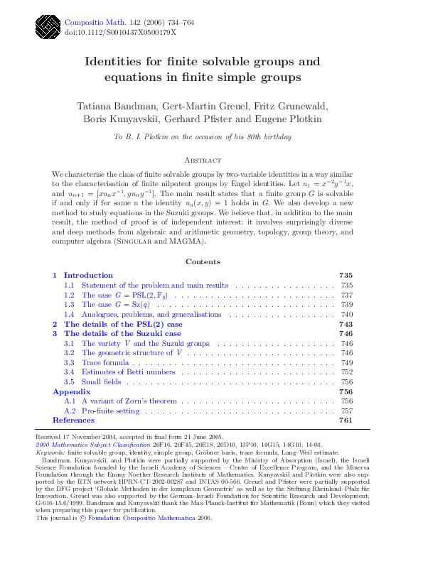 (PDF) Identities for finite solvable groups and equations in finite ...