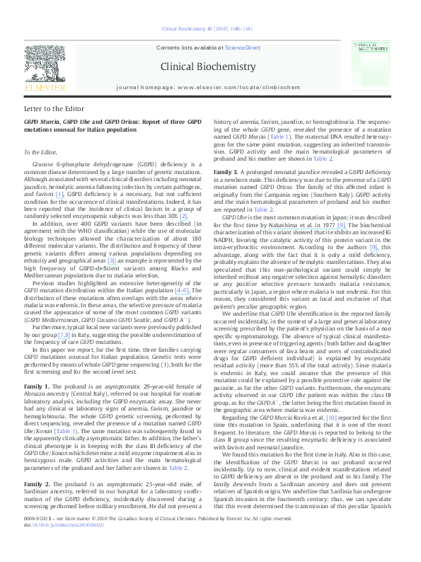 (PDF) G6PD Murcia, G6PD Ube and G6PD Orissa: Report of three G6PD ...