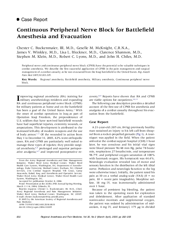 (PDF) Continuous Peripheral Nerve Block for Battlefield Anesthesia and ...
