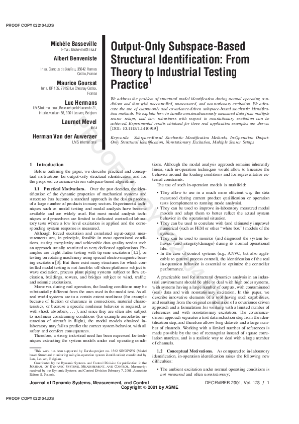 Pdf Output Only Subspace Based Structural Identification From Theory