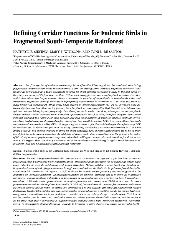 (PDF) Defining Corridor Functions for Endemic Birds in Fragmented South ...