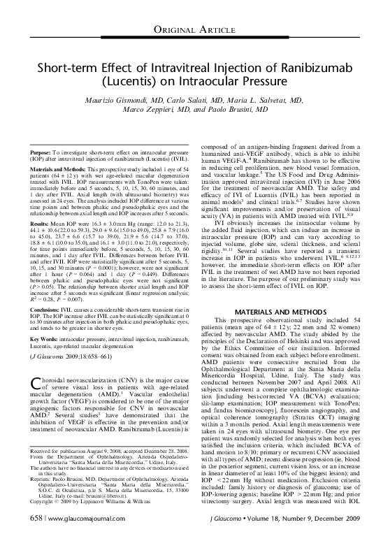 Pdf Short Term Effect Of Intravitreal Injection Of Ranibizumab Lucentis On Intraocular Pressure