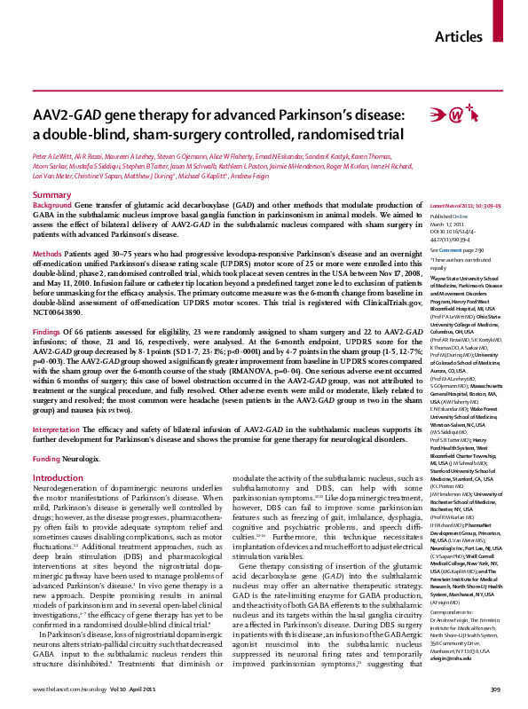 (PDF) AAV2-GAD gene therapy for advanced Parkinson's disease: a double ...