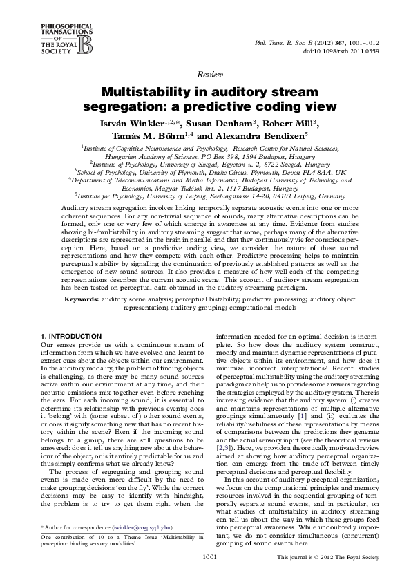 (PDF) Multistability in auditory stream segregation: a predictive coding view