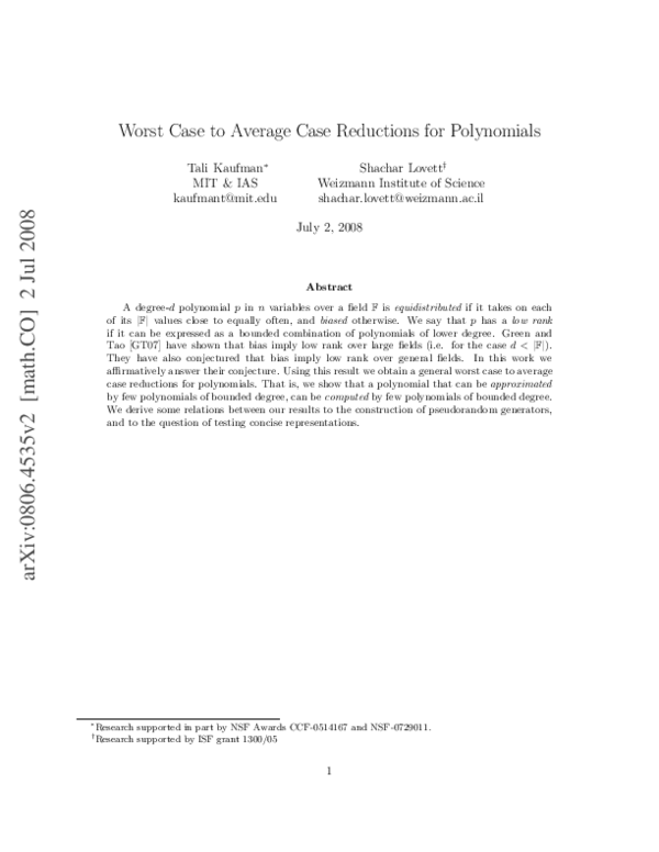 (PDF) Worst Case to Average Case Reductions for Polynomials