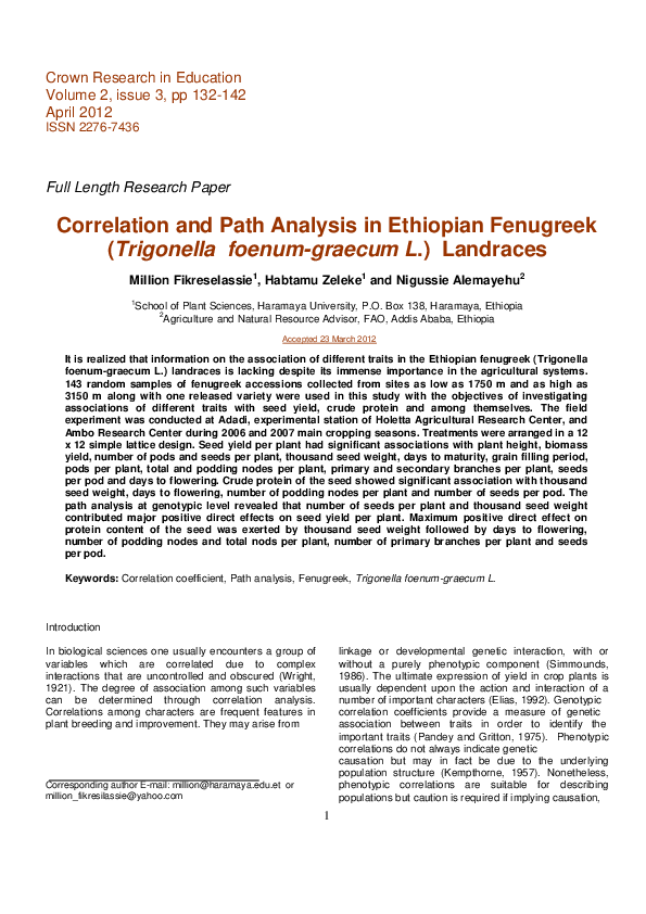 (PDF) Correlation and Path Analysis in Ethiopian Fenugreek (Trigonella foenum-graecum L.) Landraces