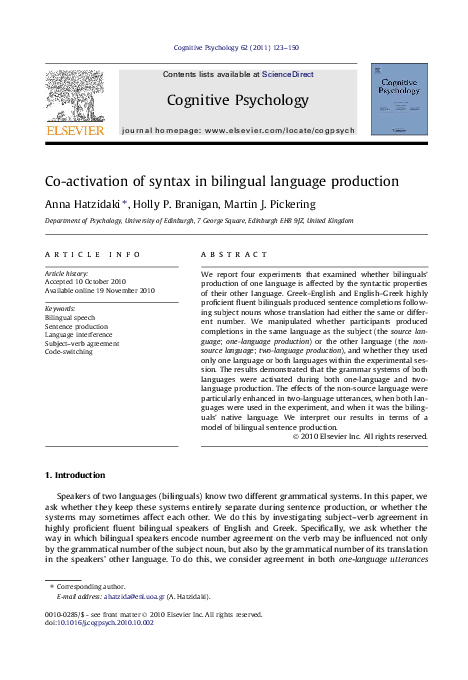 (PDF) Co-activation of syntax in bilingual language production
