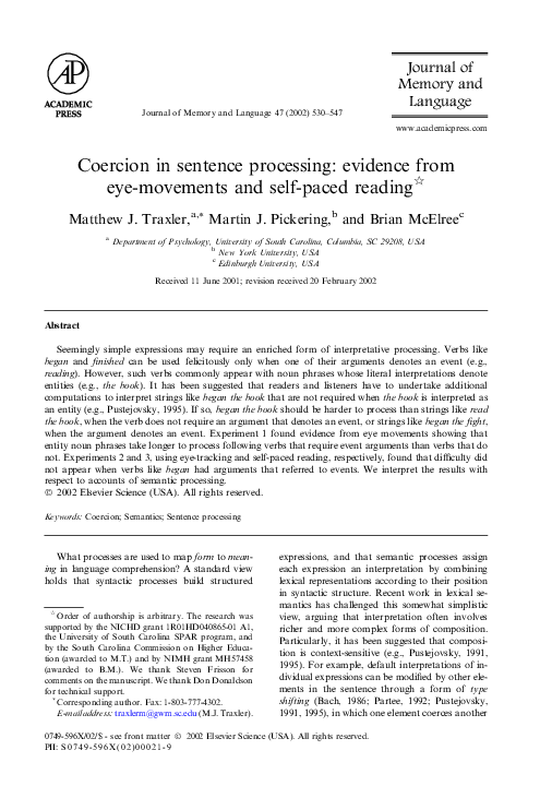 (PDF) Coercion in sentence processing: evidence from eye-movements and ...