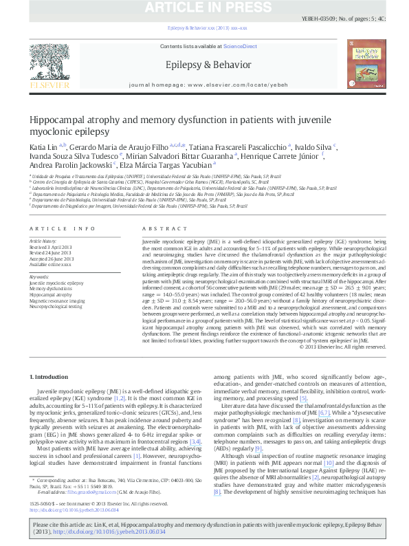 (PDF) Hippocampal atrophy and memory dysfunction in patients with juvenile myoclonic epilepsy ...
