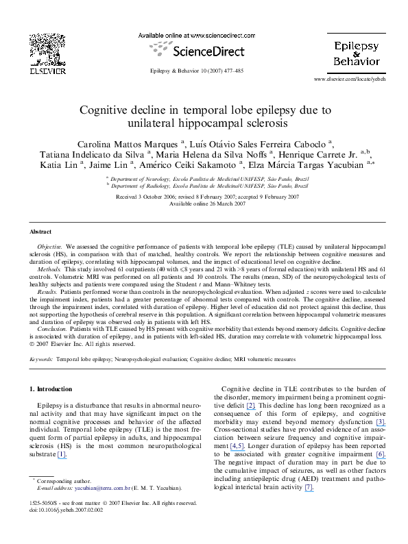 (PDF) Cognitive decline in temporal lobe epilepsy due to unilateral hippocampal sclerosis