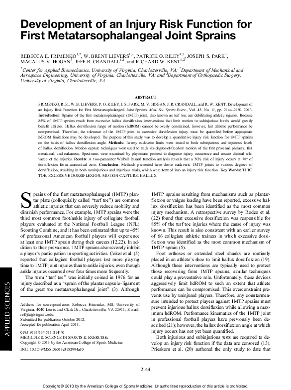 (PDF) Development of an Injury Risk Function for First ...