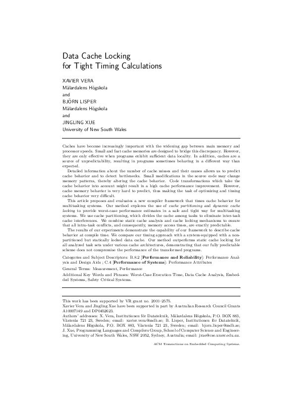 (PDF) Data cache locking for tight timing calculations