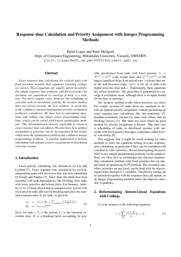 (PDF) Response-time calculation and priority assignment with integer programming methods