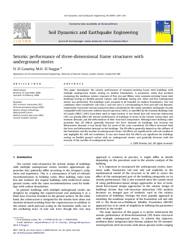 Pdf Seismic Performance Of Three Dimensional Frame Structures With Underground Stories 