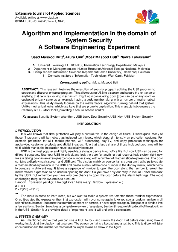 (PDF) Security System Algorithm and Implementations Software Engineering Experiment