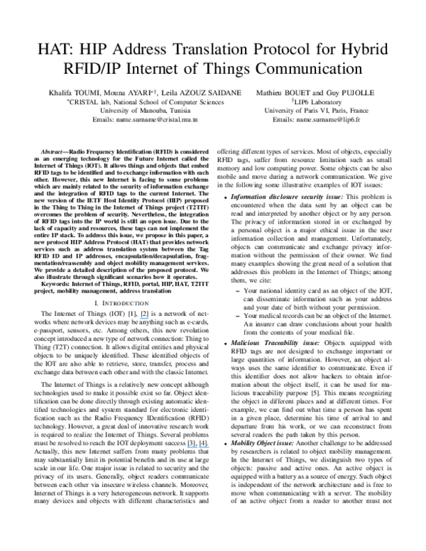 (PDF) HAT: HIP Address Translation protocol for Hybrid RFID/IP Internet ...