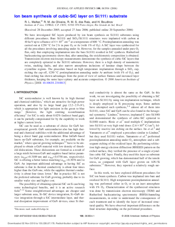 Pdf Ion Beam Synthesis Of Cubic Sic Layer On Si 111 Substrate