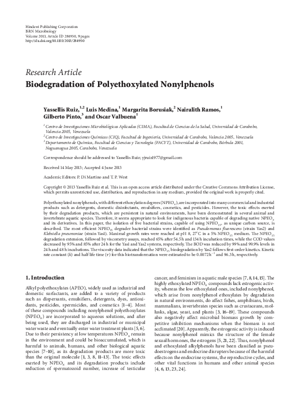 (PDF) Biodegradation of Polyethoxylated Nonylphenols