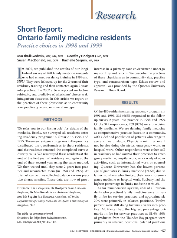 (PDF) Short report: Ontario family medicine residents. Practice choices ...