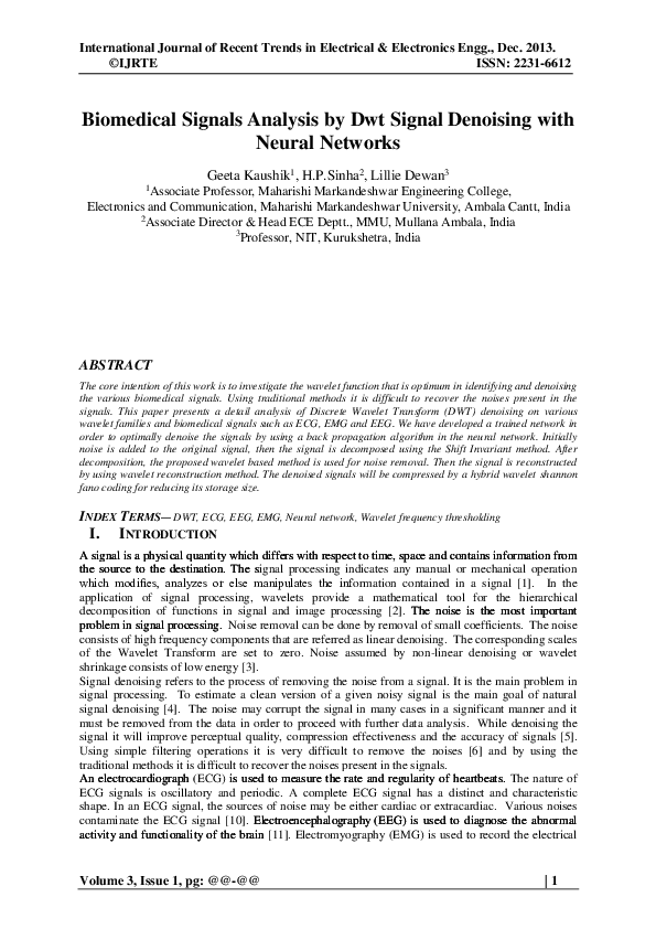 (PDF) Analysis of DWT Signal Denoising on Various Biomedical Signals by Neural Network