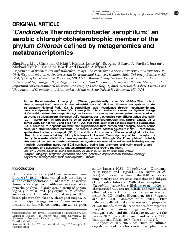 (PDF) ‘Candidatus Thermochlorobacter aerophilum:’ an aerobic ...