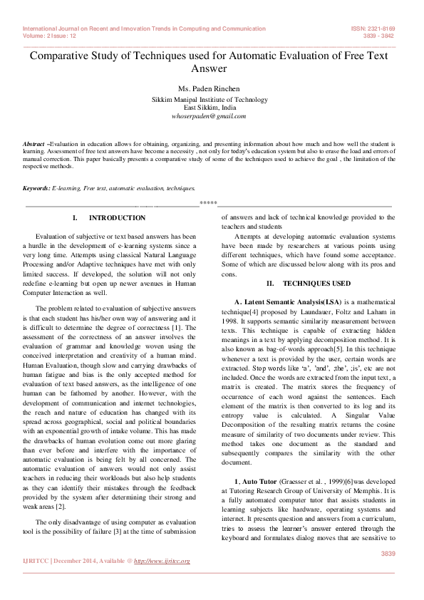 (PDF) Comparative Study of Techniques used for Automatic Evaluation of ...
