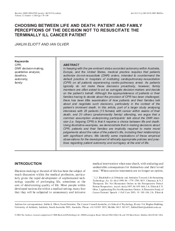 (PDF) CHOOSING BETWEEN LIFE AND DEATH: PATIENT AND FAMILY PERCEPTIONS ...