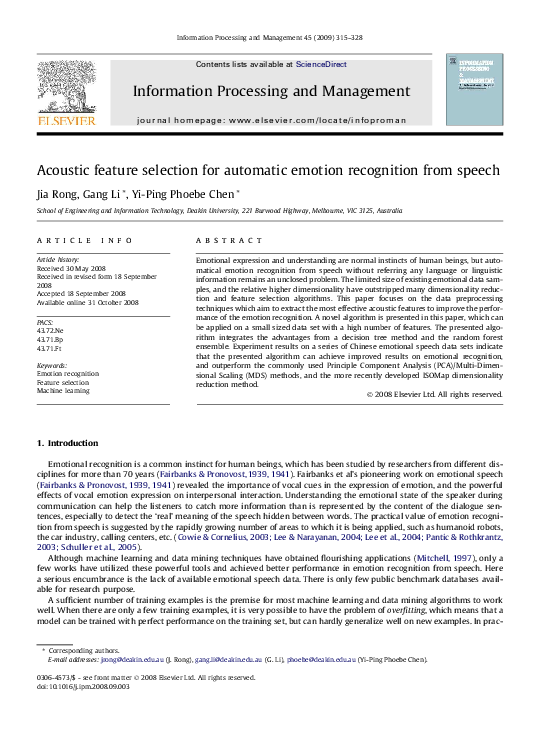 (PDF) Acoustic feature selection for automatic emotion recognition from speech