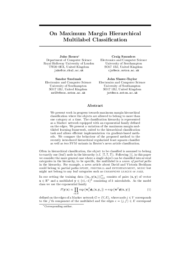 Pdf On Maximum Margin Hierarchical Multilabel Classification