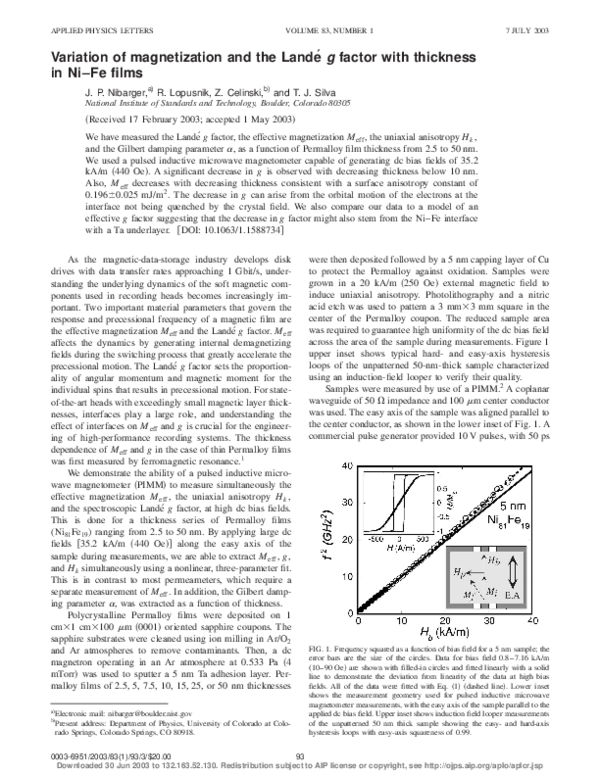 (PDF) Variation of magnetization and the Landé g factor with thickness ...