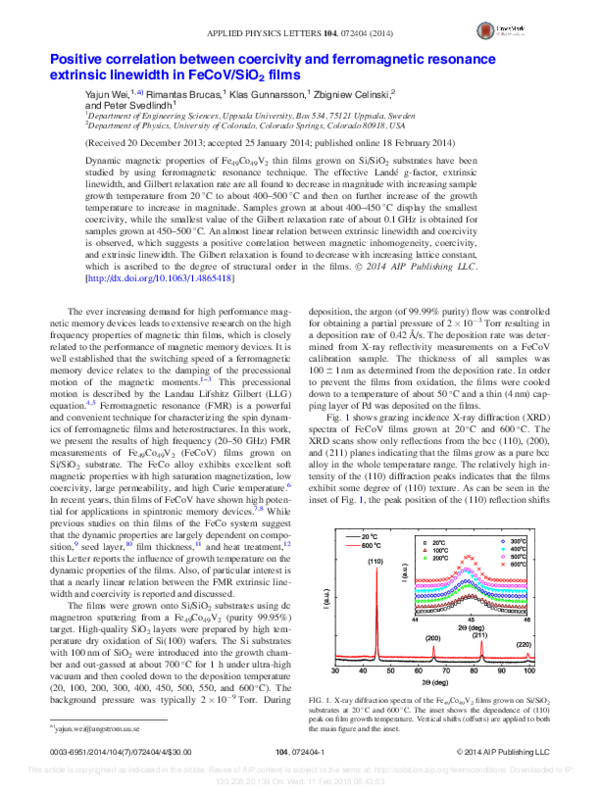 (PDF) Positive correlation between coercivity and ferromagnetic resonance extrinsic linewidth in ...