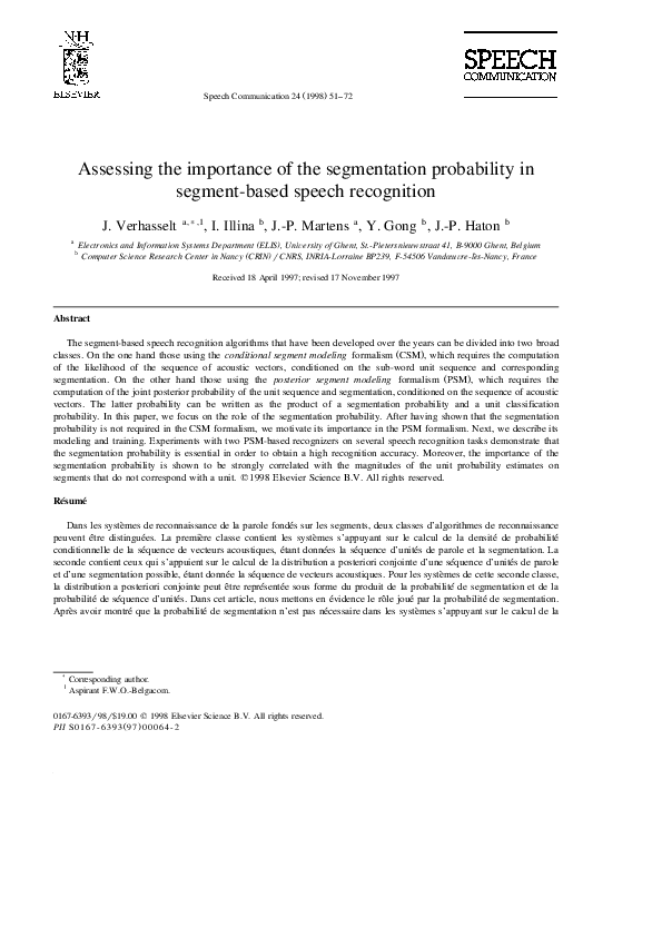 (PDF) Assessing the importance of the segmentation probability in segment-based speech recognition